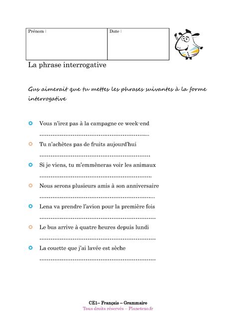 Exercice corrigé pour le CE1 La phrase interrogative 2