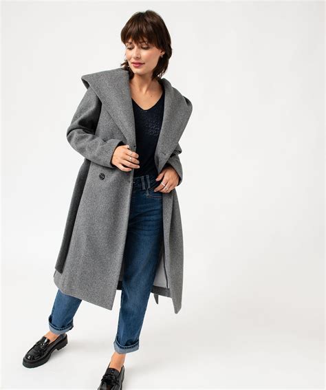 Manteau mi long à grand col capuche femme gris GEMO