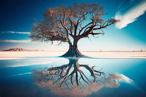 Vista del árbol de la vida reflejado en agua ia generativa Foto Premium