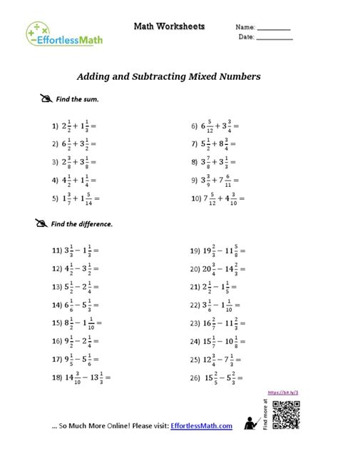 adding and subtracting mixed numbers pdf