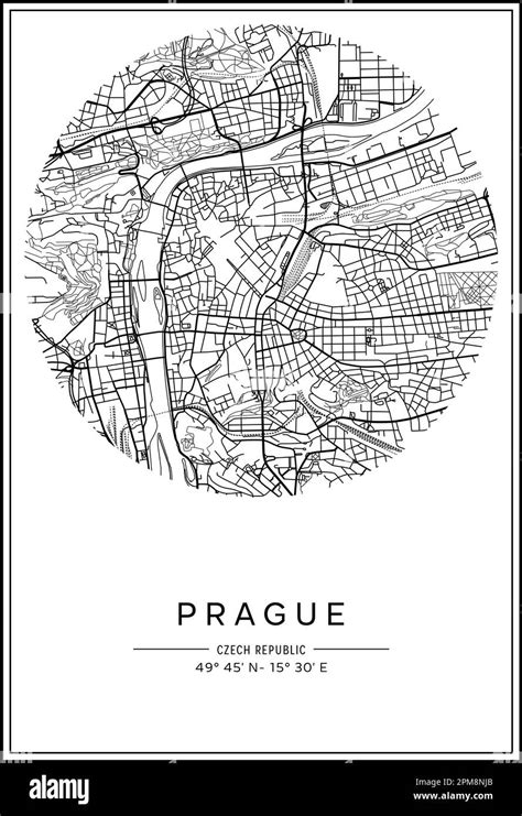 Mapa imprimible en blanco y negro de la ciudad de Praga diseño de