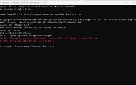 using the sonarscanner msbuild exe getting the token you provided doesn t have sufficient