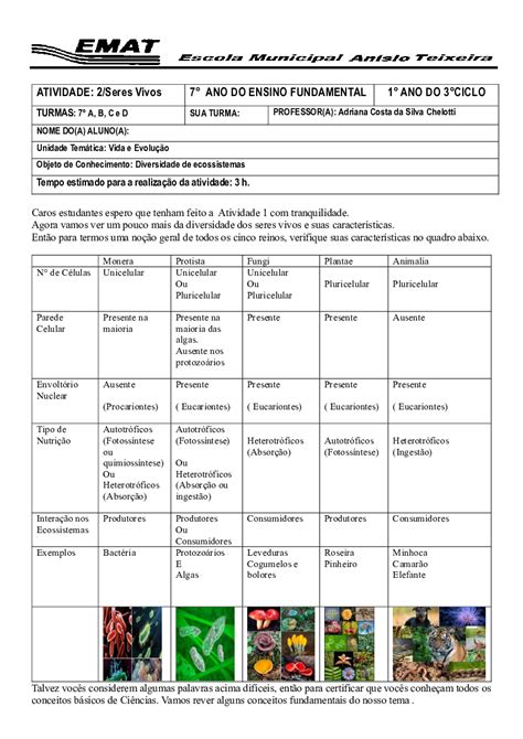 Atividades Sobre Classificação Dos Seres Vivos 7 Ano REVOEDUCA