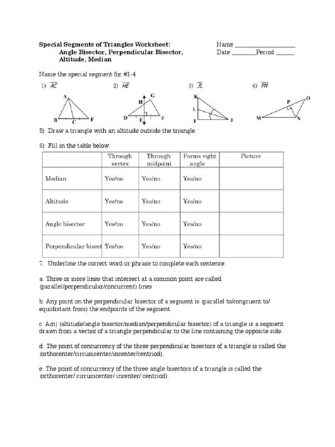 Special Segments Of Triangles Worksheet Angle Bisector