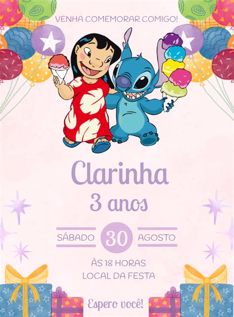 Convite Aniversário Lilo e Stitch aquarela Foto Edite grátis