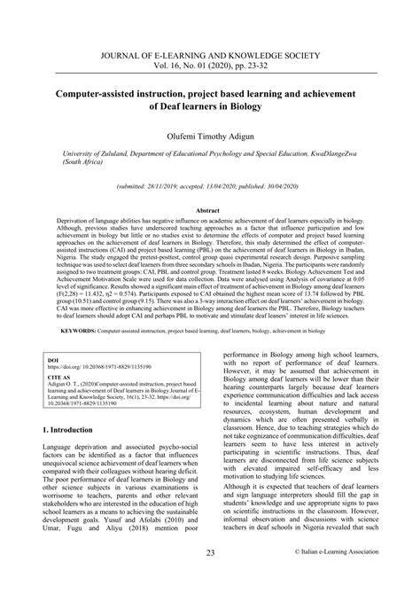 pdf computer assisted instruction project based learning and achievement of deaf learners in