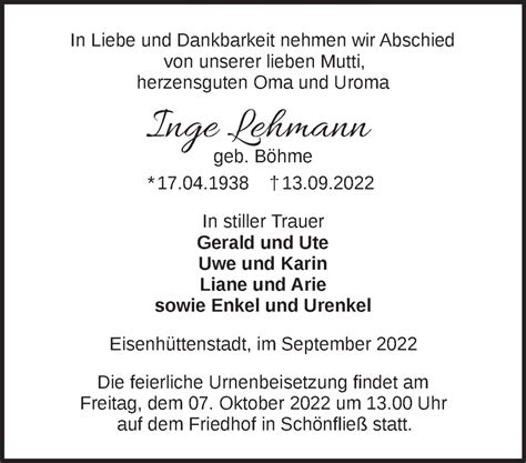 Traueranzeigen von Inge Lehmann Märkische Onlinezeitung Trauerportal
