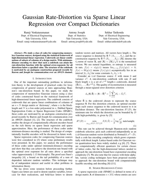 pdf gaussian rate distortion via sparse linear regression over compact dictionaries