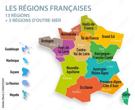 Les 13 régions Françaises avec les 5 régions d Outre mer Stock