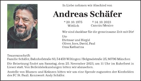 Traueranzeigen von Andreas Schäfer Volksfreund Trauer de