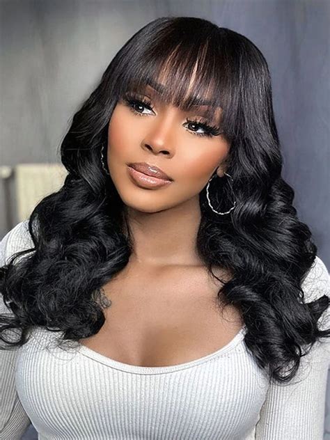 Perruques De Cheveux Humains Body Wave Avec Frange Pour Femme Perruque