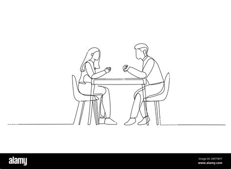 Illustration Of Two Serious People In Formal Wear Sitting In Front Of Each Other At Long Desk In