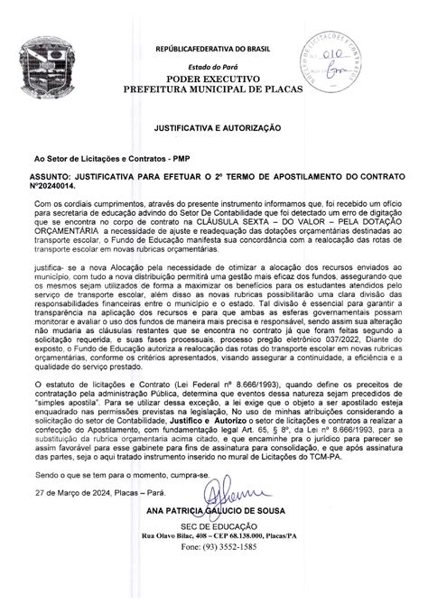 JUSTIFICATIVA E AUTORIZAÇÃO 20240016 Prefeitura Municipal de Placas
