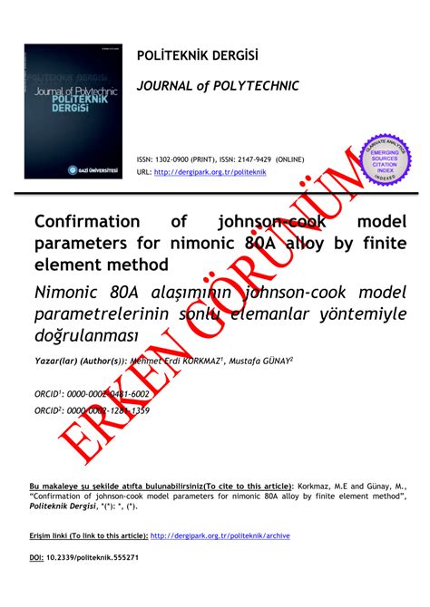 pdf confirmation of johnson cook model parameters for nimonic 80a alloy by finite element method