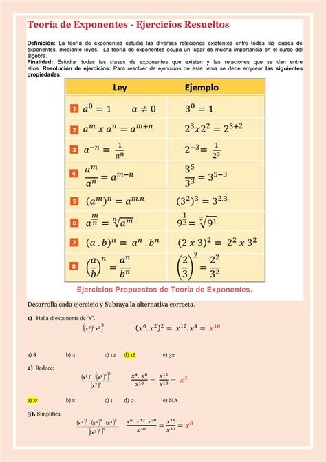 Teoria De Exponentes Ejercicios Resueltos Pdf Leyes De Los Exponentes