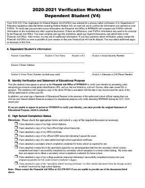 Fillable Online 20202021 Custom Verification Worksheet V4 Dependent