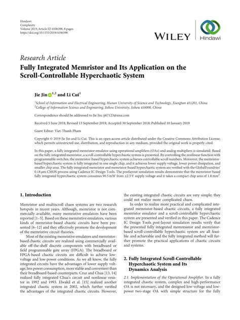 pdf fully integrated memristor and its application on the scroll controllable hyperchaotic system
