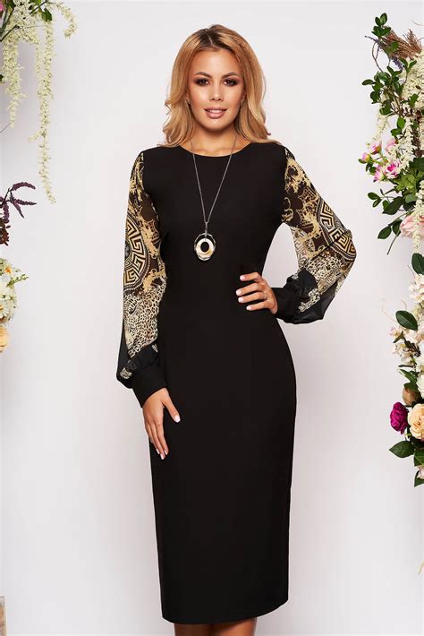 Rochie Neagra Eleganta Midi Tip Creion Cu Maneci Lungi Din Voal Cu