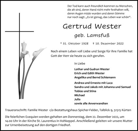 Traueranzeigen Von Gertrud Wester WirTrauern
