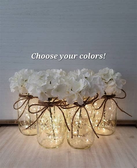 Set Of White Hydrangea Lighted Mason Jar Centerpieces Wedding Decor