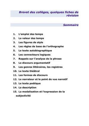 15 FICHES POUR REVISER LE FRANCAIS AU BREVET DES COLLEGES Brevet Des