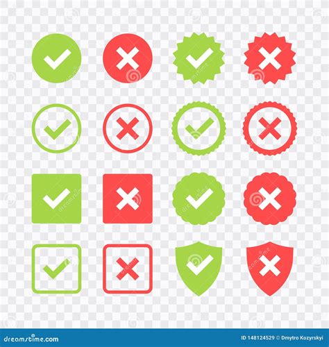 Green Check Mark And Red Cross Icon Set Circle And Square Stock Vector