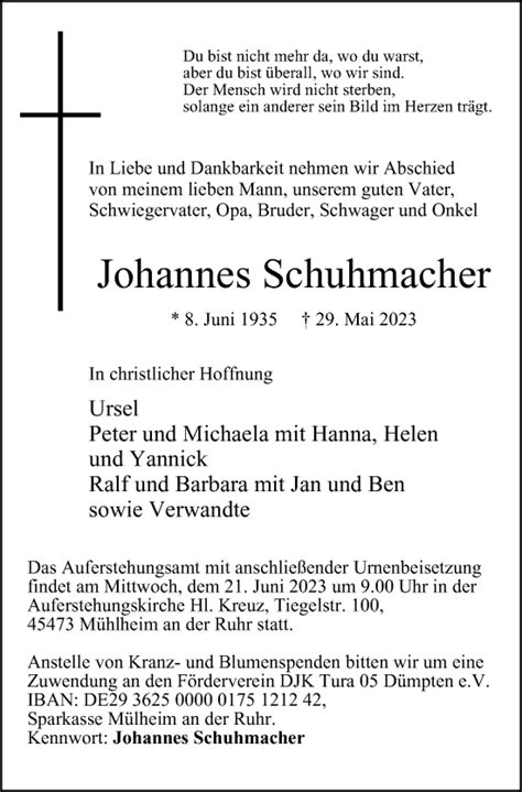 Traueranzeigen Von Johannes Schuhmacher Trauer In NRW De