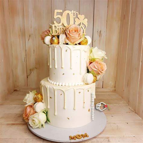 White Tier Drip Flower Th Birthday Cake Baked By Nataleen