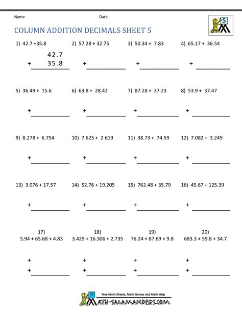 Decimals For 5th Grade Worksheets