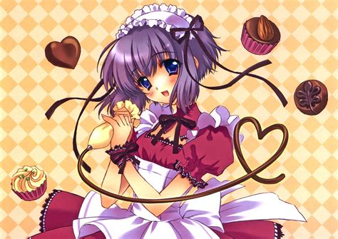Download Blush Smile Maid Apron Bow Clothing Blue Eyes Brown Hair Short Hair Heart Anime