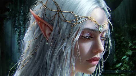 Sfondi Elfi Donne Pointy Ears Capelli Bianchi Corona Occhi Blu