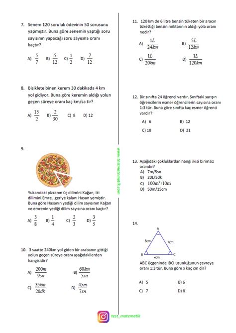 6 SINIF ORAN KAZANIM TESTİ 2 Test Matematik