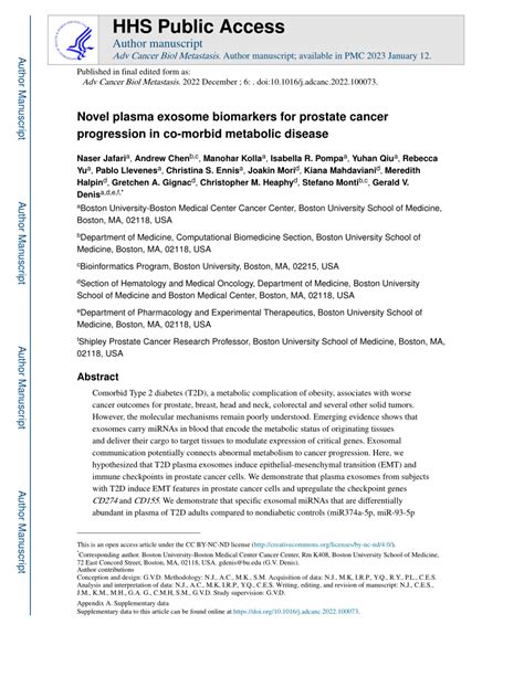PDF Novel Plasma Exosome Biomarkers For Prostate Cancer Progression