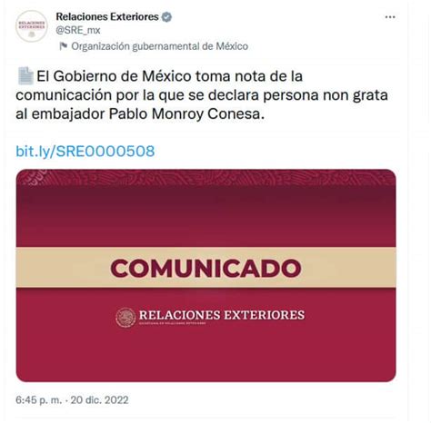 Ordena SRE al embajador de México en Perú regresar al país