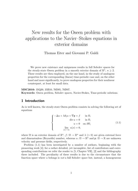 pdf new results for the oseen problem with applications to the navier stokes equations in