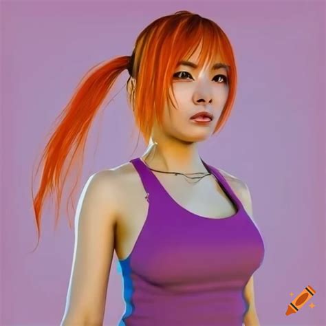 Cyberpunk Asian Woman With Orange Hair And Pink Racerback Tank Top On Craiyon