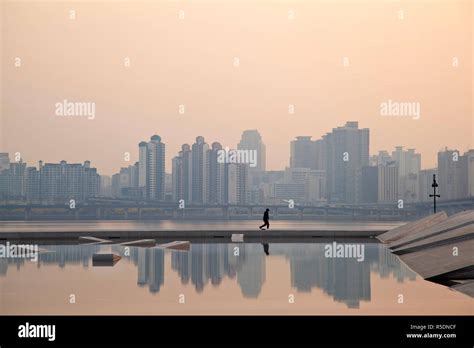 Korea Seoul Yeouido View Of City From Hangang Riverside Park At Dawn