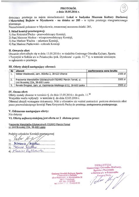 Protok Z Posiedzenia Komisji Przetargowej Gmina Solina