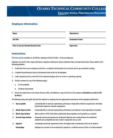 Free Employee Evaluation Form Samples Templates In Pdf Ms Word