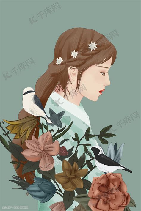 文艺少女侧脸插画图片 千库网