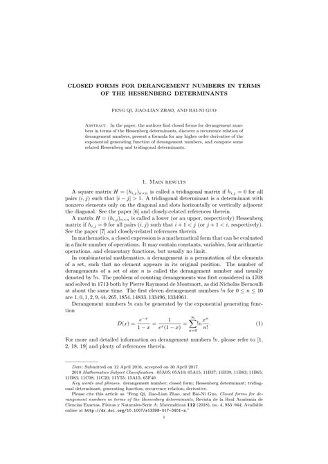 pdf closed forms for derangement numbers in terms of the hessenberg determinants