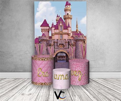 Painel De Festa Vertical Trio De Capas Cilindro Castelo Disney Rosa