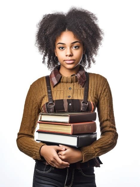 Retrato De Una Hermosa Adolescente Negra Con Libros En La Mano Concepto