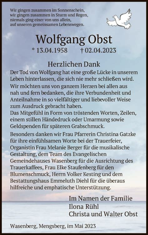 Traueranzeigen Von Wolfgang Obst Trauer HNA De