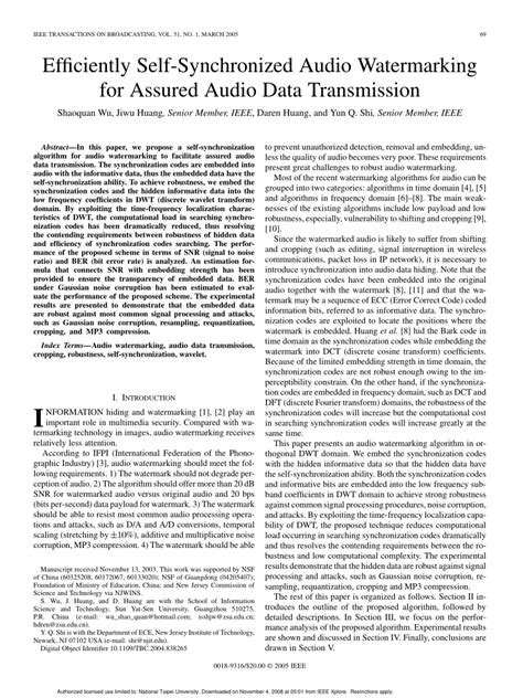 pdf efficiently self synchronized audio watermarking for assured audio data transmission