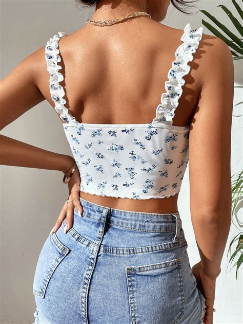 SHEIN PETITE Cami Top mit Blümchen Muster Rüschenbesatz Band vorne