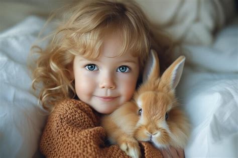 Une Petite Fille Mignonne Tient Et Embrasse Un Lapin Moelleux Dans Ses
