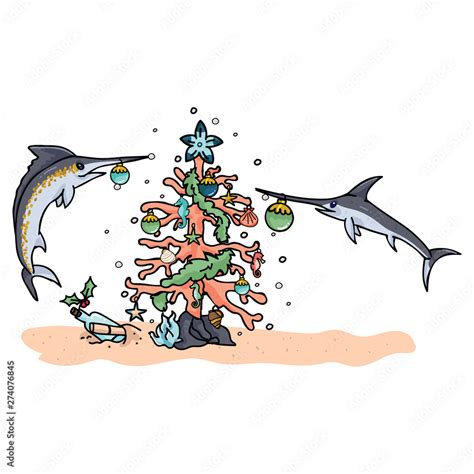 Cute Underwater Christmas Tree With Swordfish Cartoon Vector