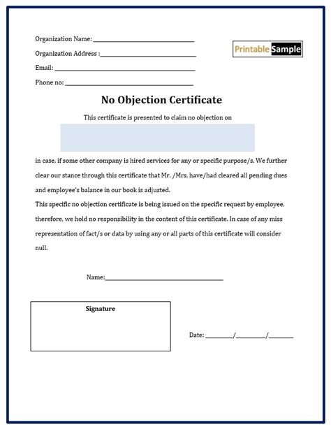 Free Sample No Objection Certificate Templates Printable Samples