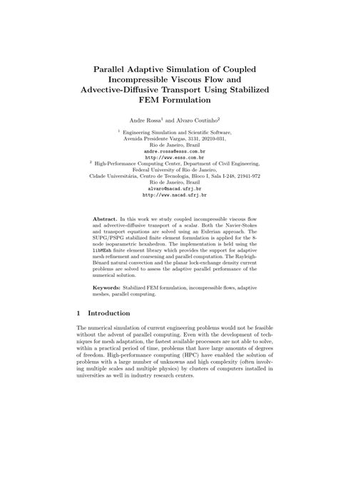 pdf parallel adaptive simulation of coupled incompressible viscous flow and advective